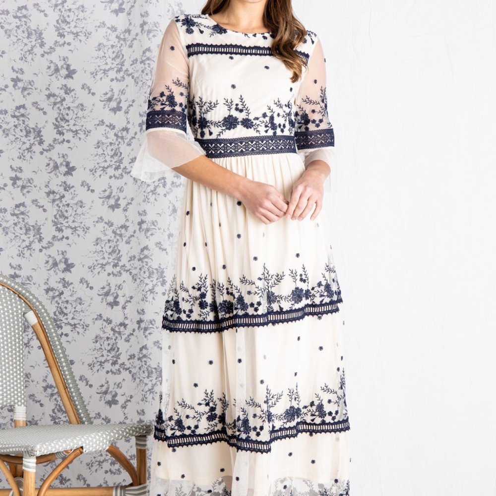 Polagram Maxi Dress Embroidered Tiered Lace Dress. - Gem